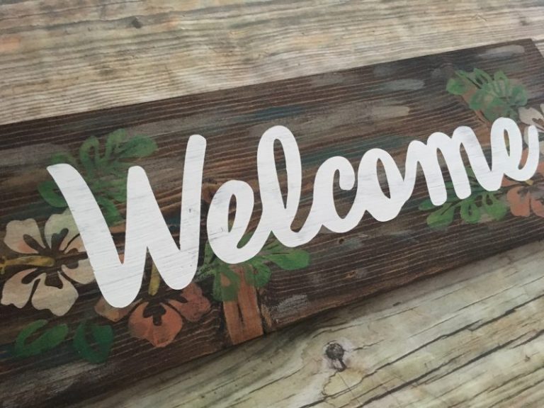 Tropical Rustic Welcome Sign with Hibiscus Flowers - Sea 2 Land Designs